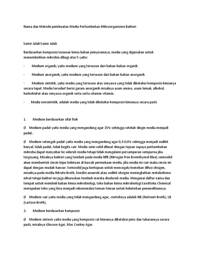 Nama Dan Metode Pembuatan Media Pertumbuhan Mikroorganisme Bakteri | PDF