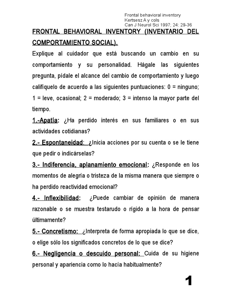 Frontal Behavioral Inventory | Descargar gratis PDF | Conceptos ...