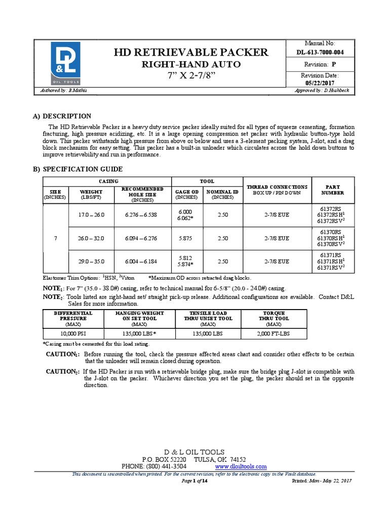 7 000 X 2.875 HD Retrievable Packer - 1st | PDF | Pressure | Pressure ...