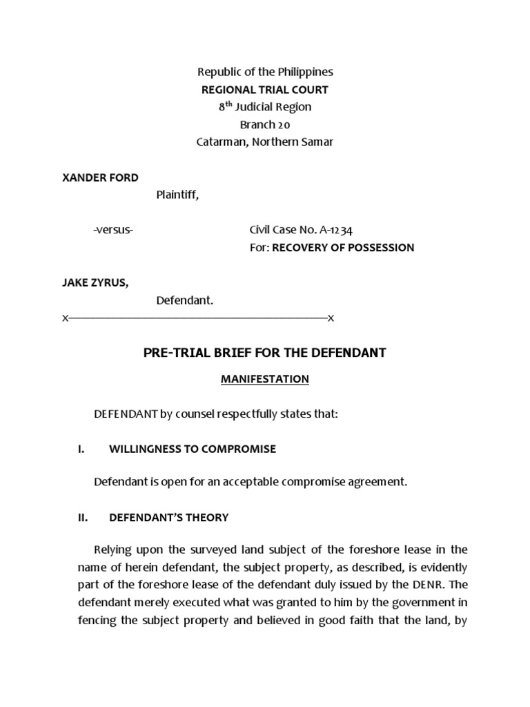 Pre-Trial Brief Defendant Sample | PDF | Lawsuit | Lease