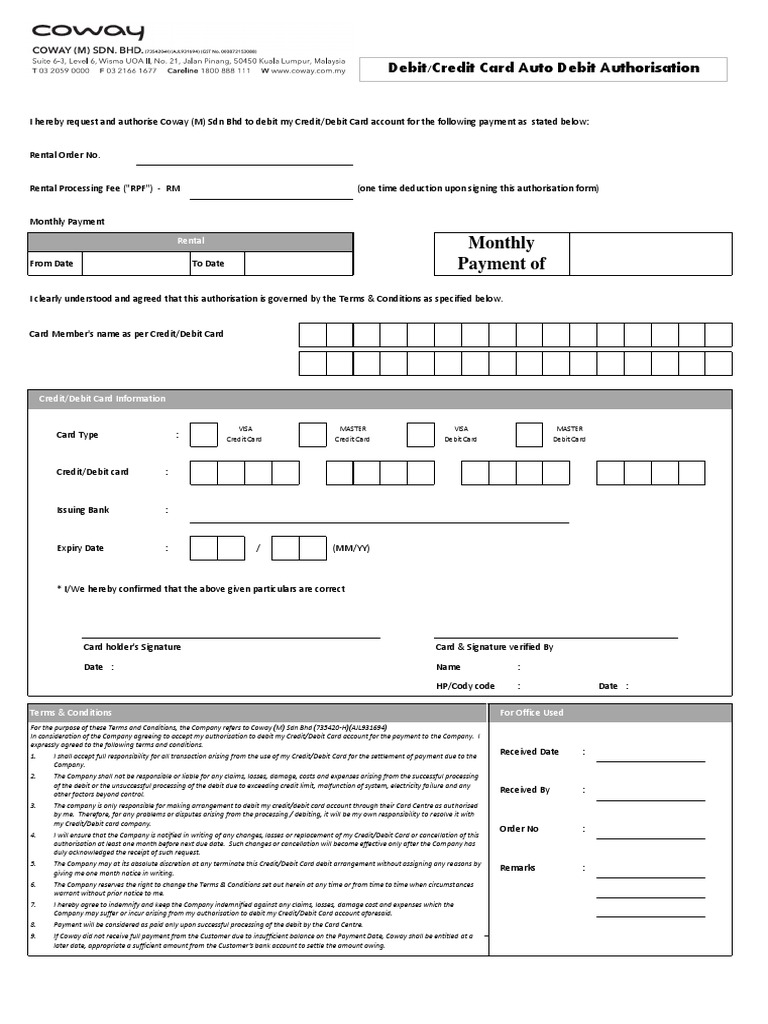 Debit_Credit Auto-Debit Authrisation Form | Debit Card | Debits And Credits