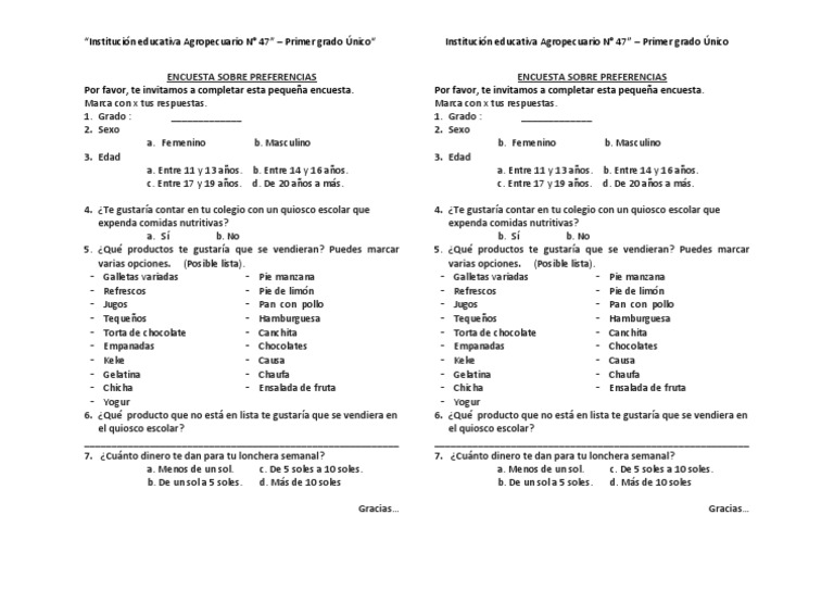 Encuesta de Preferencias Alimenticias Escolar | PDF | Alimentos | Ocio