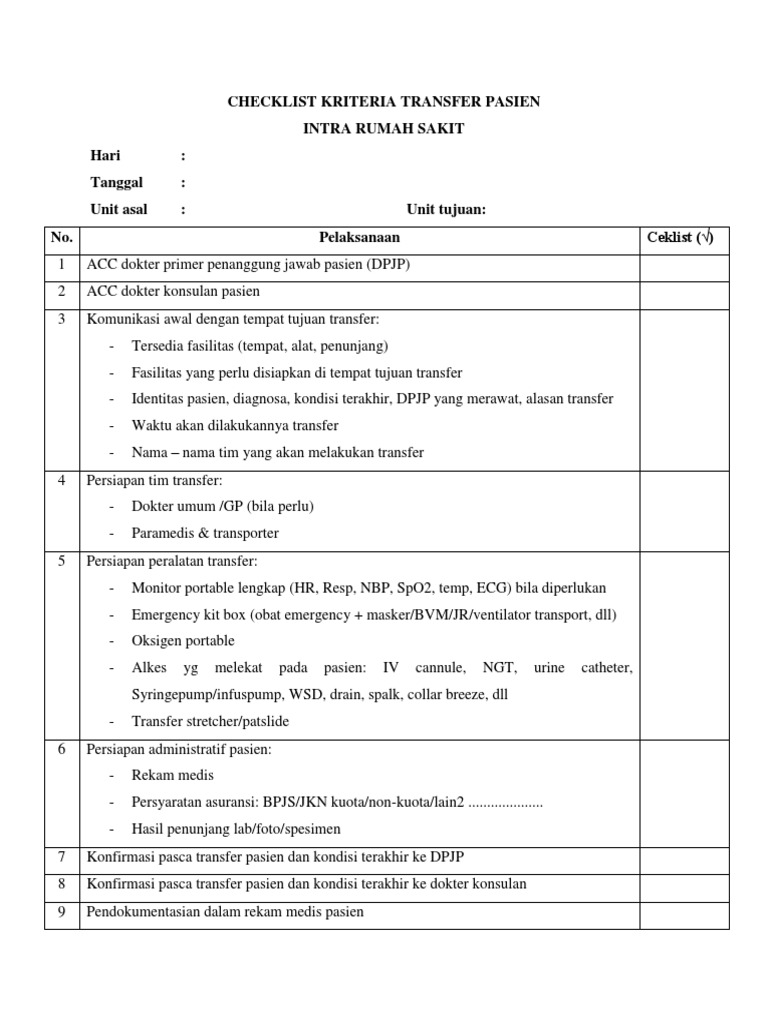 Checklist Kriteria Transfer Pasien | PDF