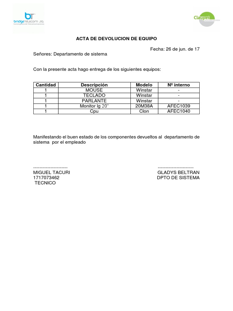 Acta de Devolucion de Equipo | PDF