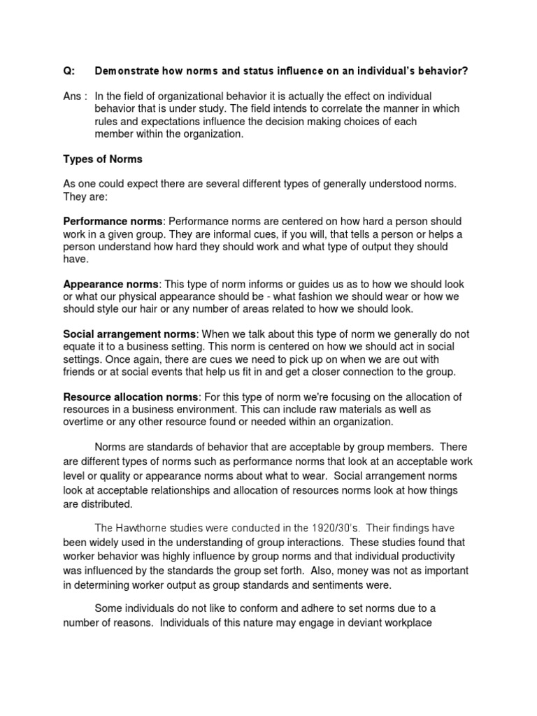 Norms Status | Norm (Social) | Behavior