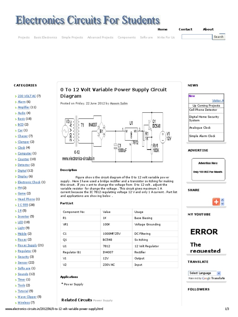 0 To 12 Volt Variable Power Supply | PDF | Power Supply | Electronic ...