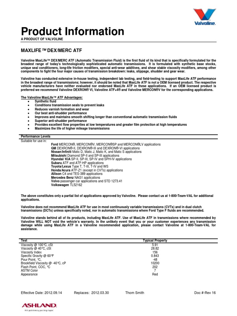 722.6 Maxlife ATF Data Sheet | Automotive Industry | Vehicle Industry