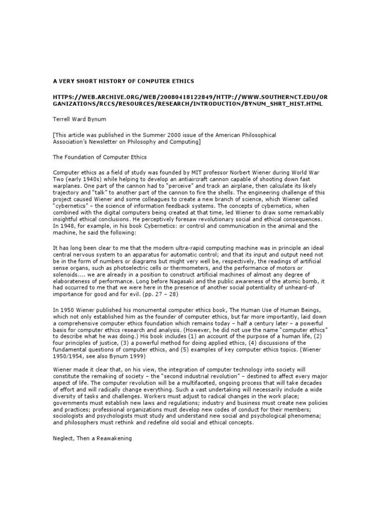A Very Short History of Computer Ethics | PDF | Science | Philosophical ...