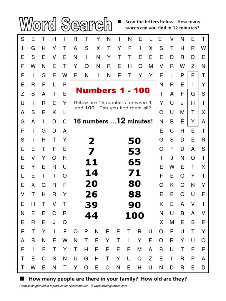 Wordsearch Numbers | PDF | Word Puzzles | Puzzles