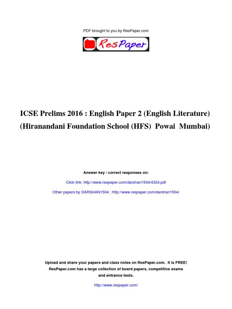 ResPaper ICSE Prelims 2016 English Paper 2 English Literature ...