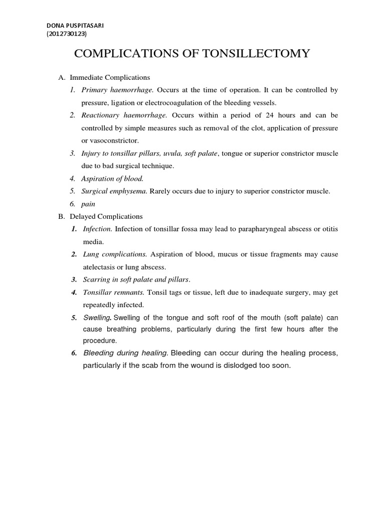 Complications of Tonsillectomy: Dona Puspitasari (2012730123) | PDF
