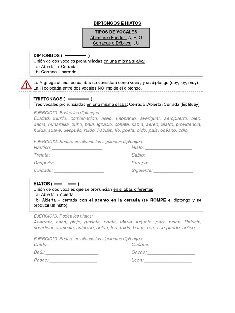 Diptongos y Hiatos: Ejercicios y Definiciones | PDF | Vocal ...