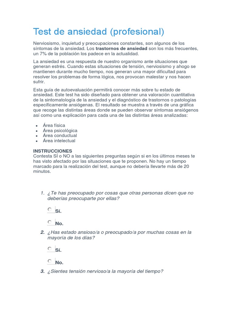 Test de Ansiedad: Autoevaluación Completa | PDF | Ansiedad | Medicina ...