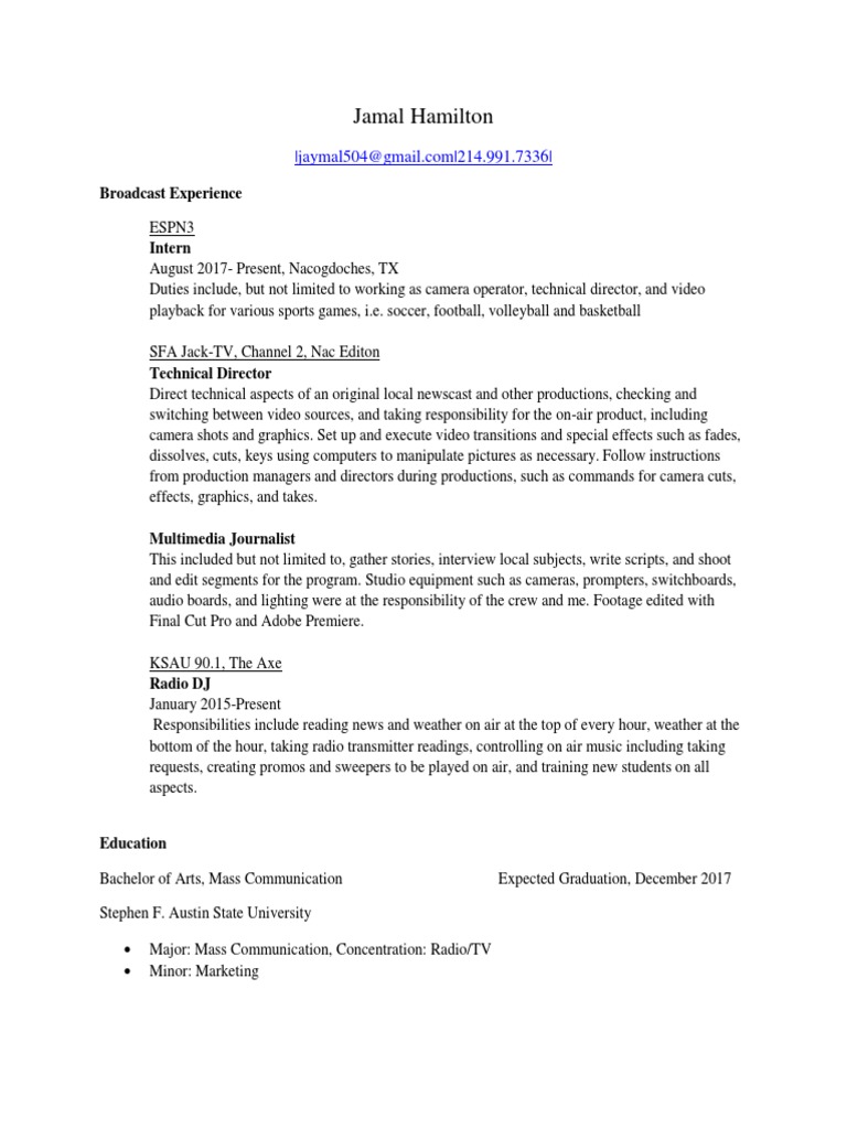 Jamal Hamilton: Broadcast Experience | PDF | Entertainment (General ...
