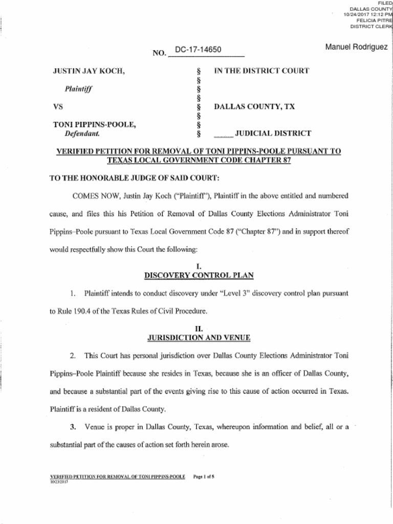 Petition To Remove Dallas County Elections Administrator Toni Pippins ...