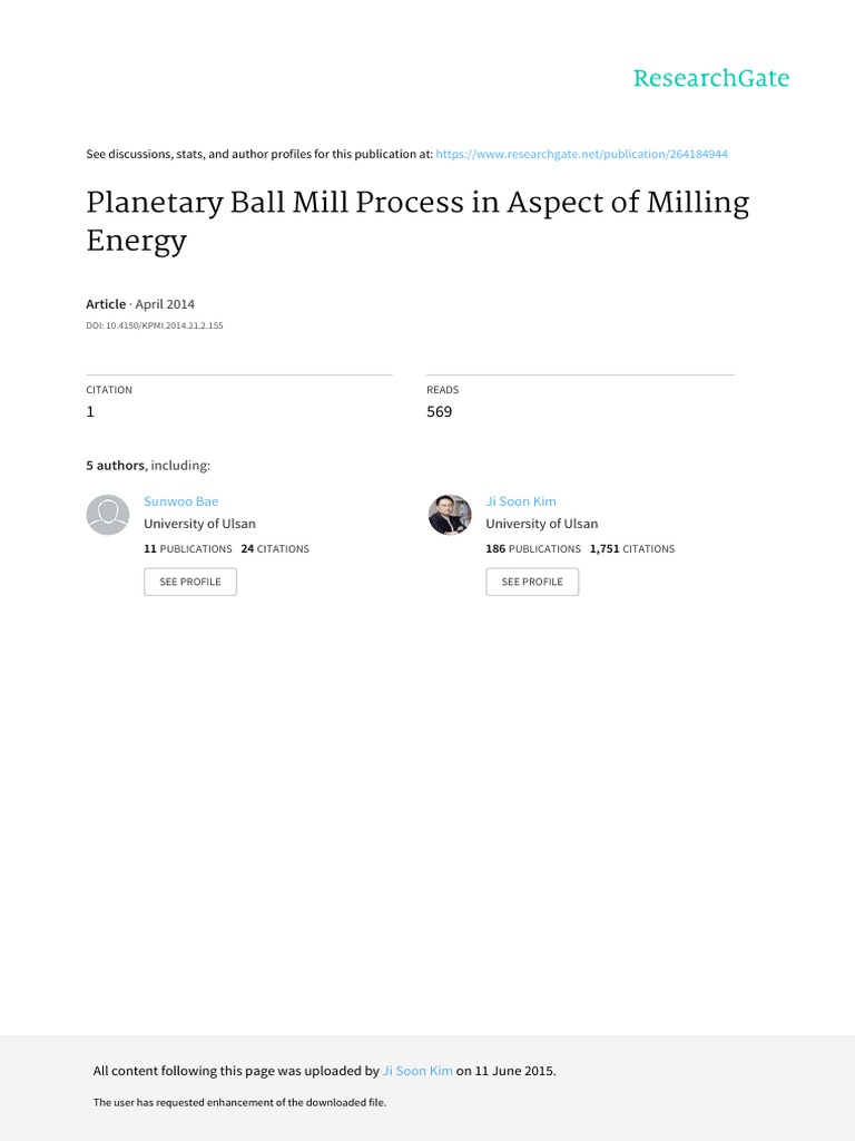 Planetary Ball Mill Process in Aspect of Milling Energy | PDF ...
