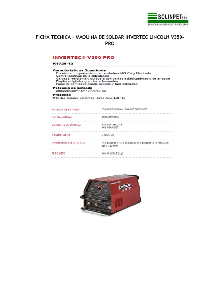 Ficha Técnica: Soldadora Invertec V350 | PDF | Informática