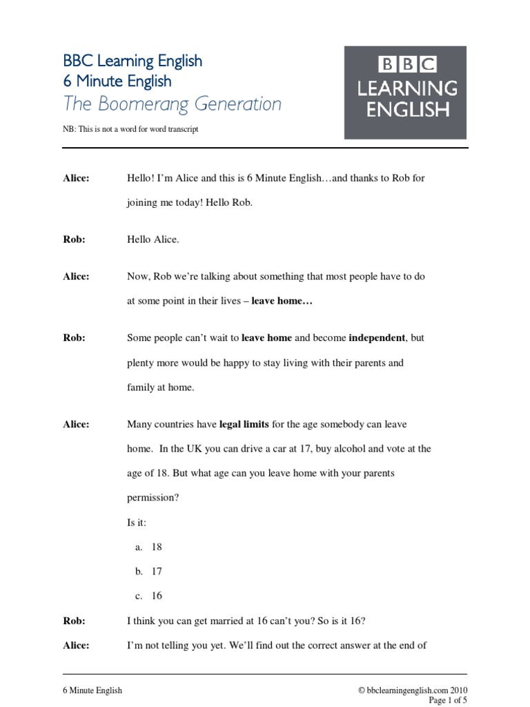 The Boomerang Generation: BBC Learning English 6 Minute English | PDF | Wellness