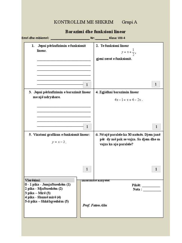Test Kl. VII Funksioni Linear | PDF