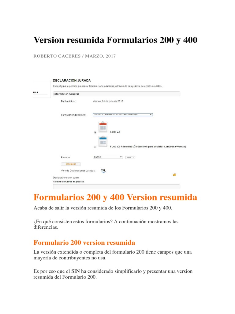 Version Resumida Formularios 200 y 400 | Impuesto al valor agregado ...