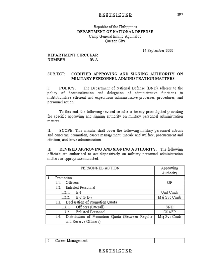 DND Department Circular NR 03-A Dated 14 September 2000 Codified ...
