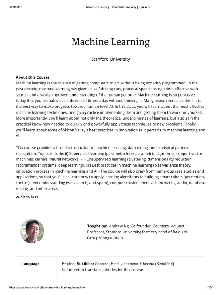Stanford Machine Learning Course | PDF | Artificial Neural Network ...