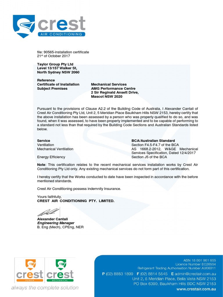 Condition 47 & 55 - Mechanical Installation Certificate | PDF