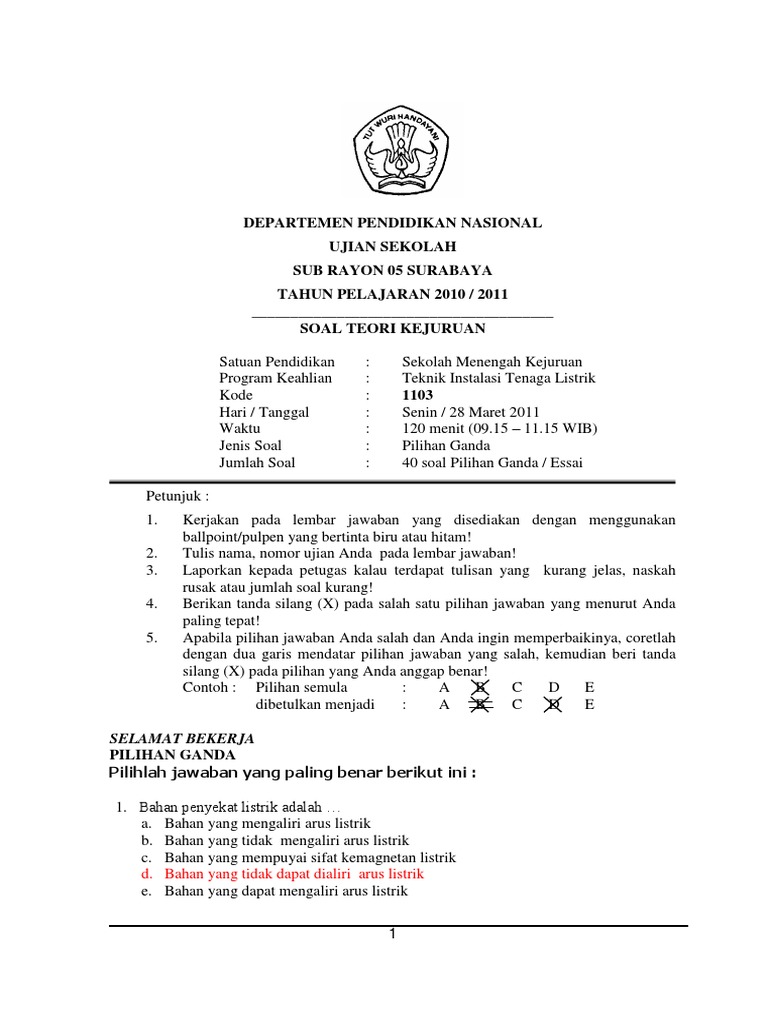 Soal UJian Sekolah Teknik Instalasi Tenaga LIstrik 2011 Paket A | PDF