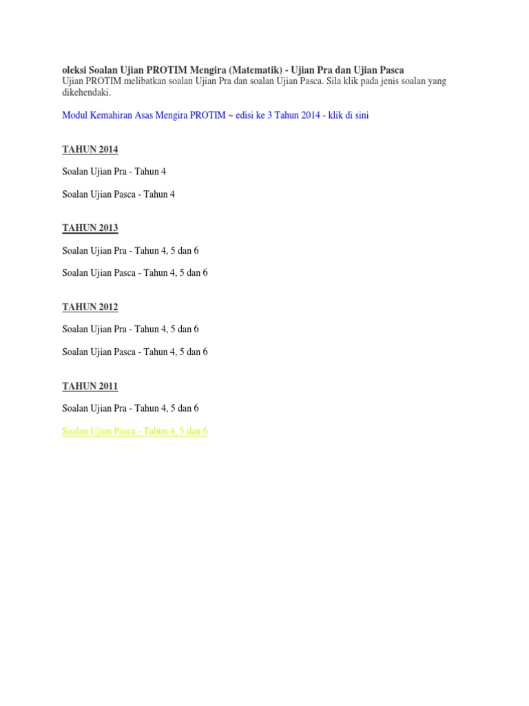 Soalan Ujian PROTIM Mengira 2011-2014 | PDF