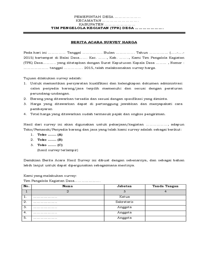 Berita Acara Survey Harga Barang | PDF