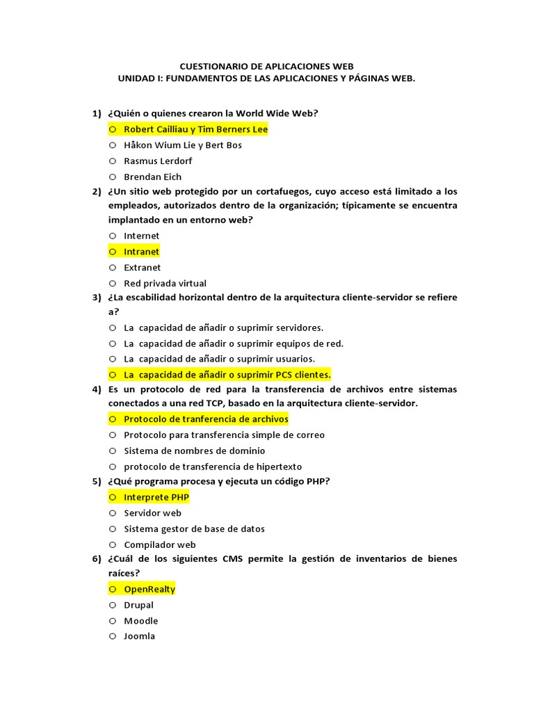 Cuestionario de Aplicaciones Web | Servidor web | Internet y web