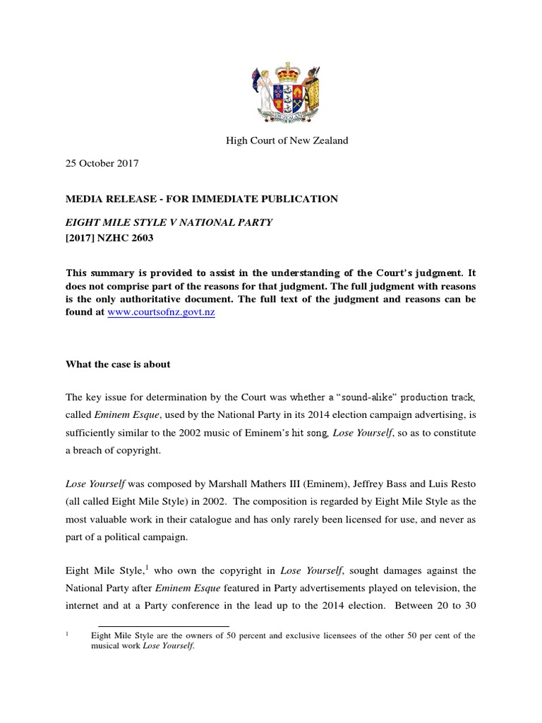 NZ High Court Media Release | PDF | Copyright | License