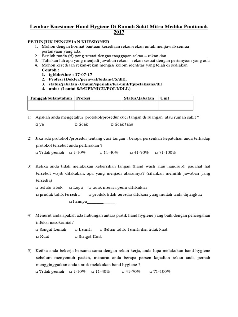Kuesioner Kebersihan Tangan RS | PDF | Gaya Hidup