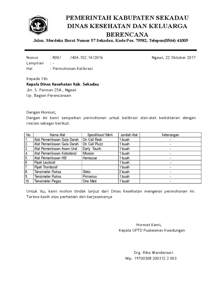 Surat Permohonan Kalibrasi Alat Kesehatan | PDF | Pengembangan Diri