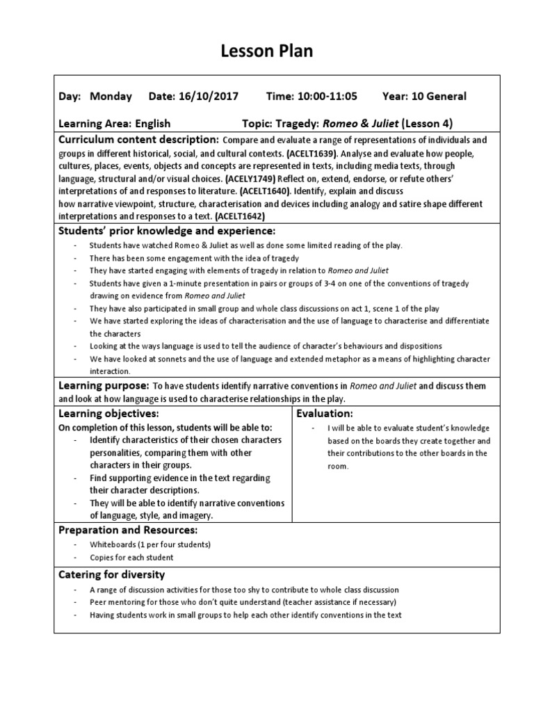 Romeo and Juliet Lesson Plan 4 PDF | PDF | Narrative | Lesson Plan