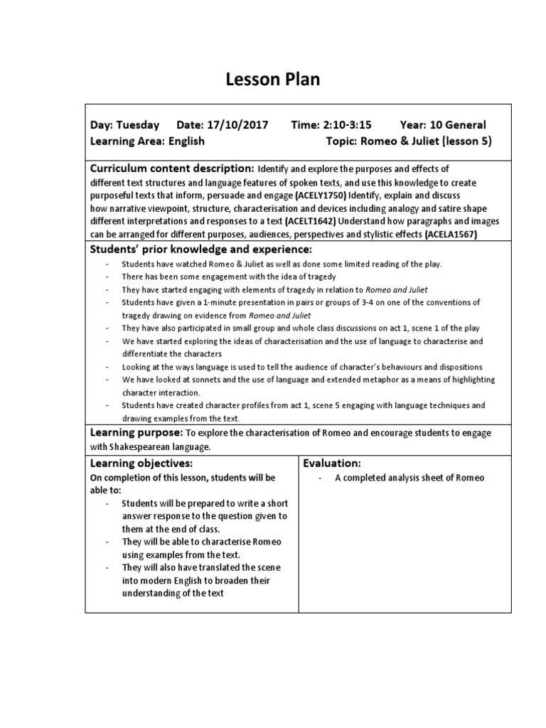 Romeo & Juliet Lesson Plan for Year 10 | PDF | Romeo And Juliet ...