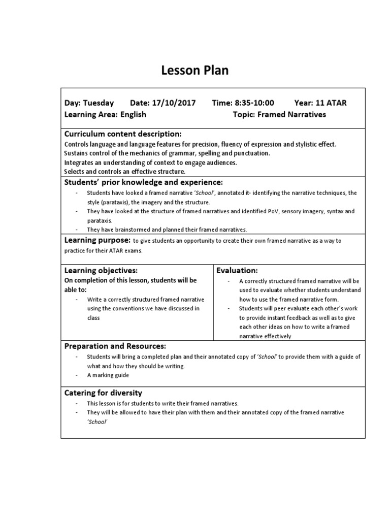 Framed Narratives Lesson 2 Plan PDF | PDF | Narrative | Lesson Plan