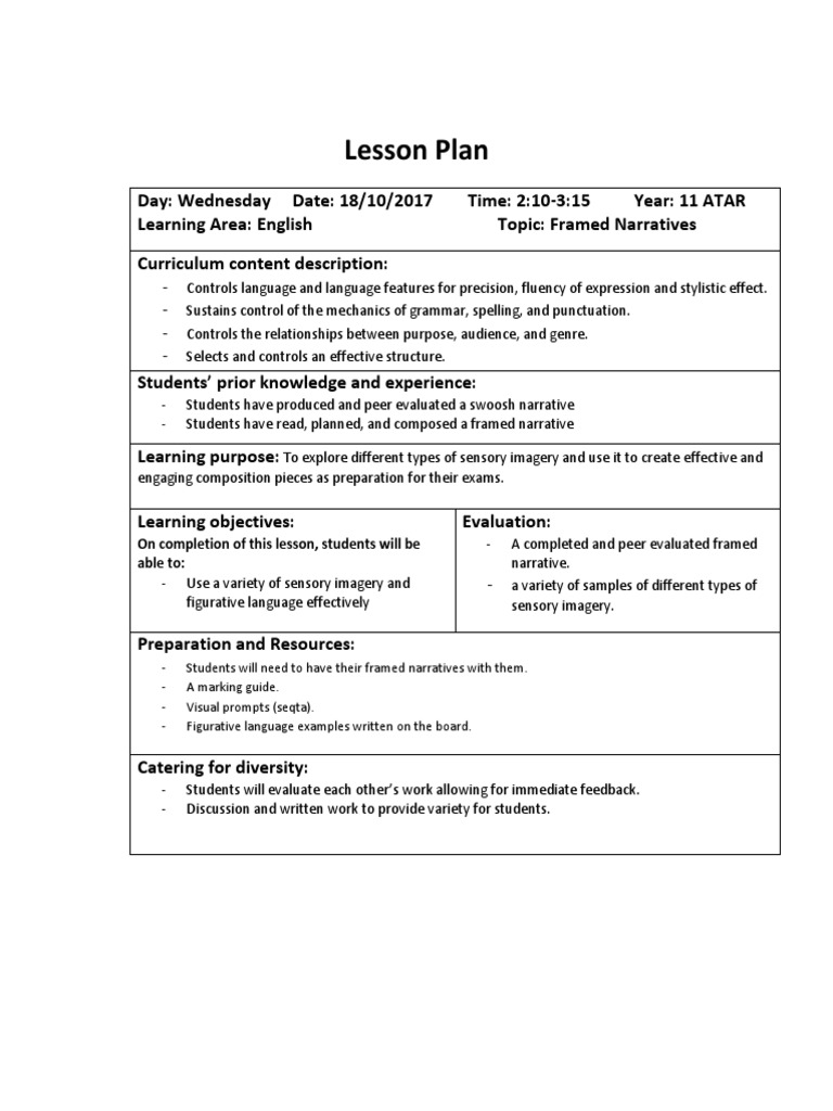 Framed Narratives and Sensory Imagery Lesson Plan PDF | PDF | Lesson ...