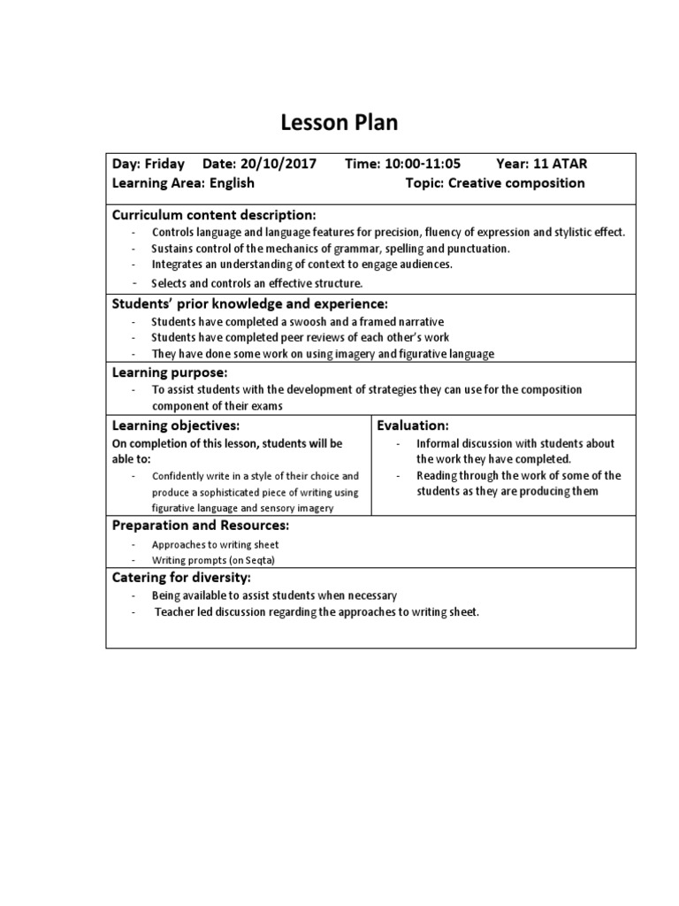 creative composition lesson plan pdf | Lesson Plan | Teaching