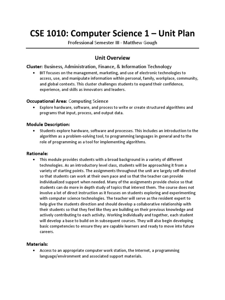 Cse 1010 Unit Plan Pdf Computer Programming Computer Science
