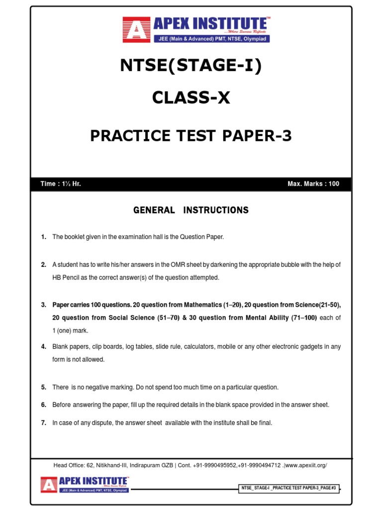 NTSE Stage - 1 Mock Test - 3 | PDF | Prism | Refraction