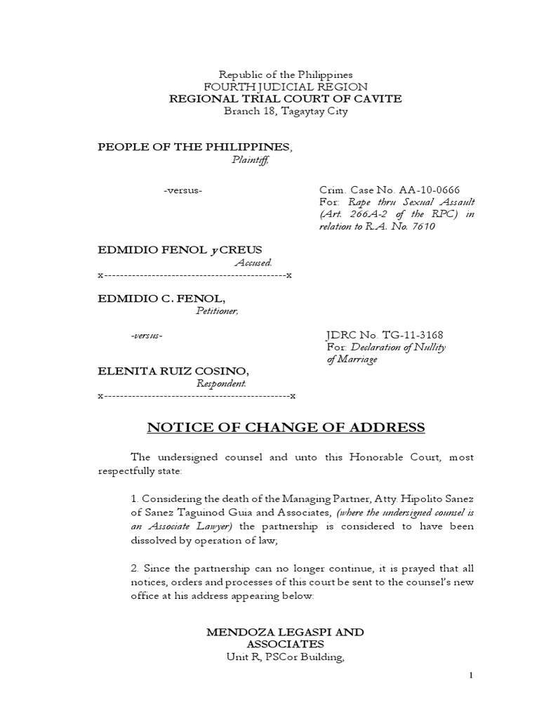 Notice of Change of Address-Fenol | Criminal Law | Politics