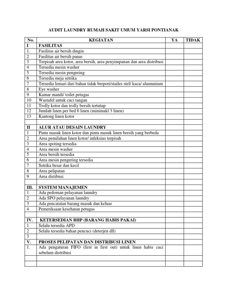 Audit Laundry Rumah Sakit Umum Yarsi Pontianak | PDF | Griya & Taman ...