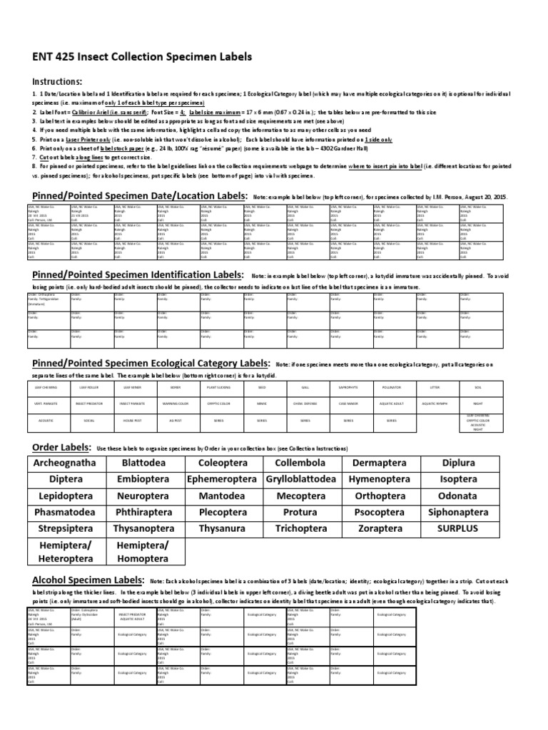 Ent 425 Insect Collection Labels | PDF | Typefaces | Insects