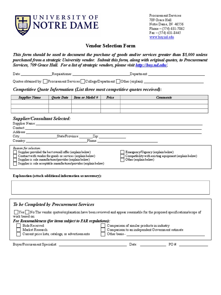 Vendor Selection Form: Competitive Quote Information (List Three Most ...