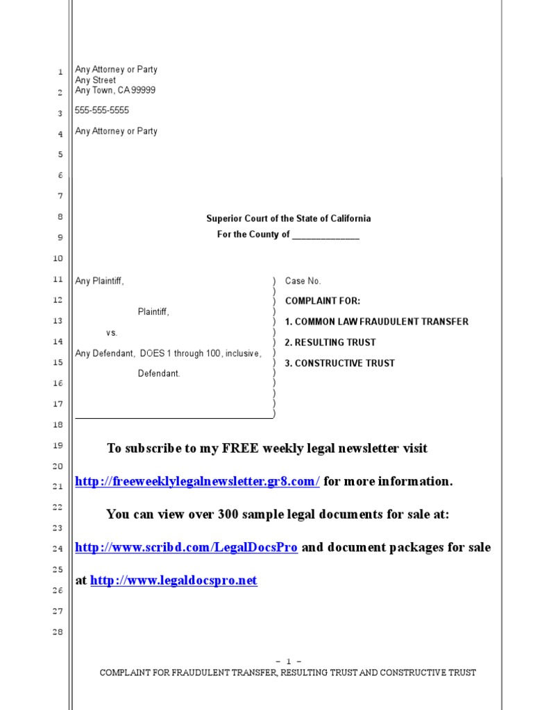 Sample Complaint For Common Law Fraudulent Transfer in California | PDF ...