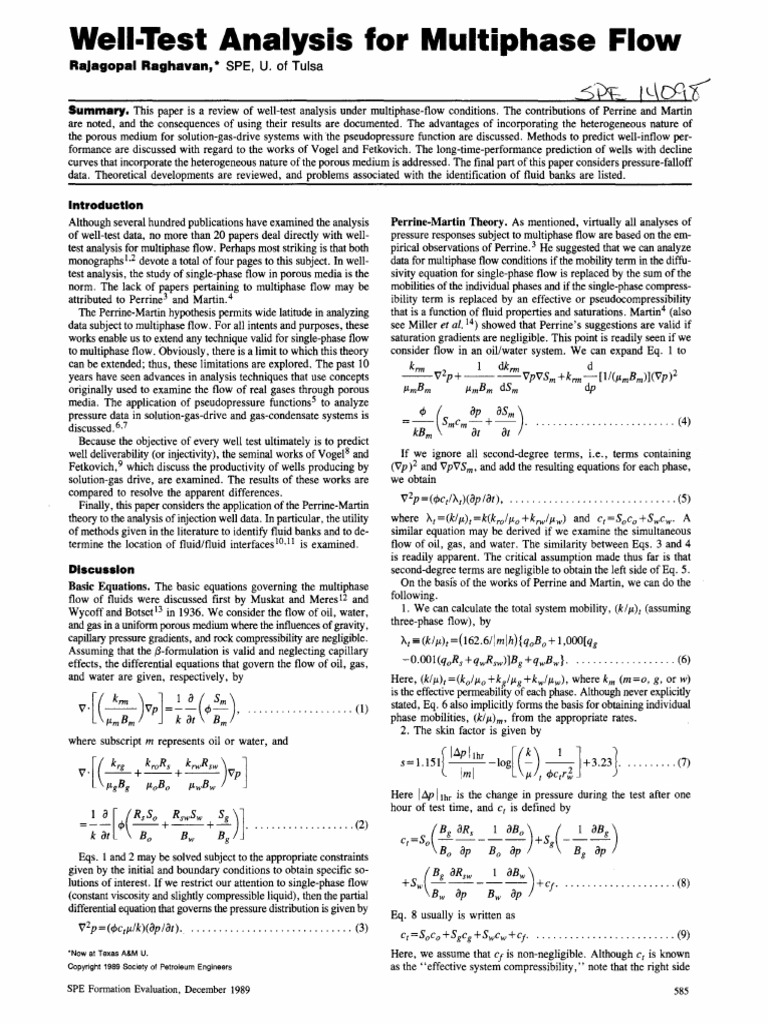 SPE-14098-PA Raghavan Well-Test Analysis For Multiphase Flow | PDF ...