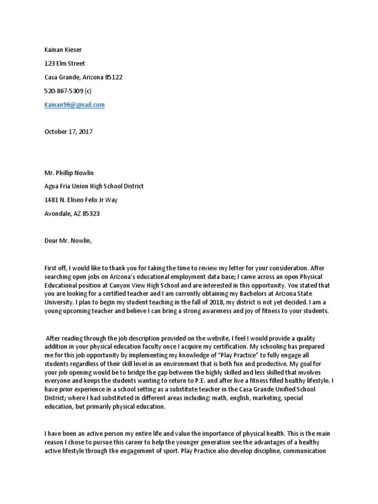 Cover Letter | PDF | Physical Education | Teaching