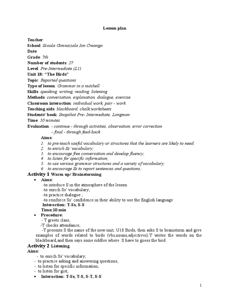 Lesson Plan Clasa a 7a | Lesson Plan | Reading Comprehension