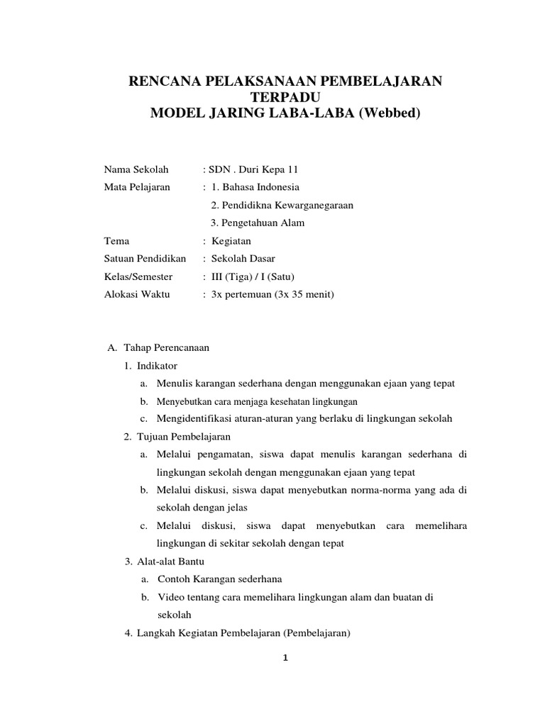 RPP Terpadu Model Jaring Laba-Laba (Webbed) Kelas 3 | PDF